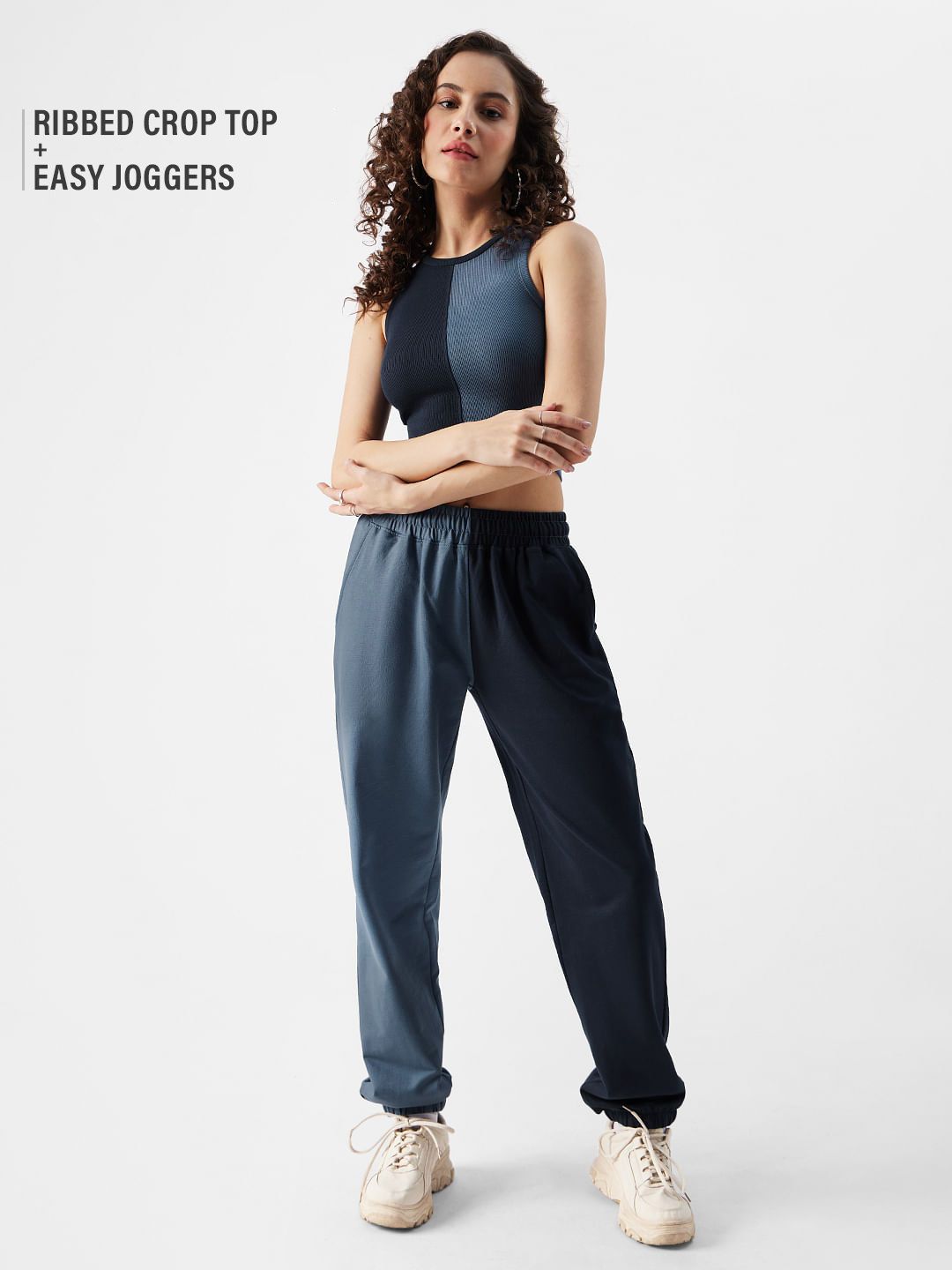 Solids: Denim, Navy Colourblock Set Women Co-ord Sets at The Souled Store